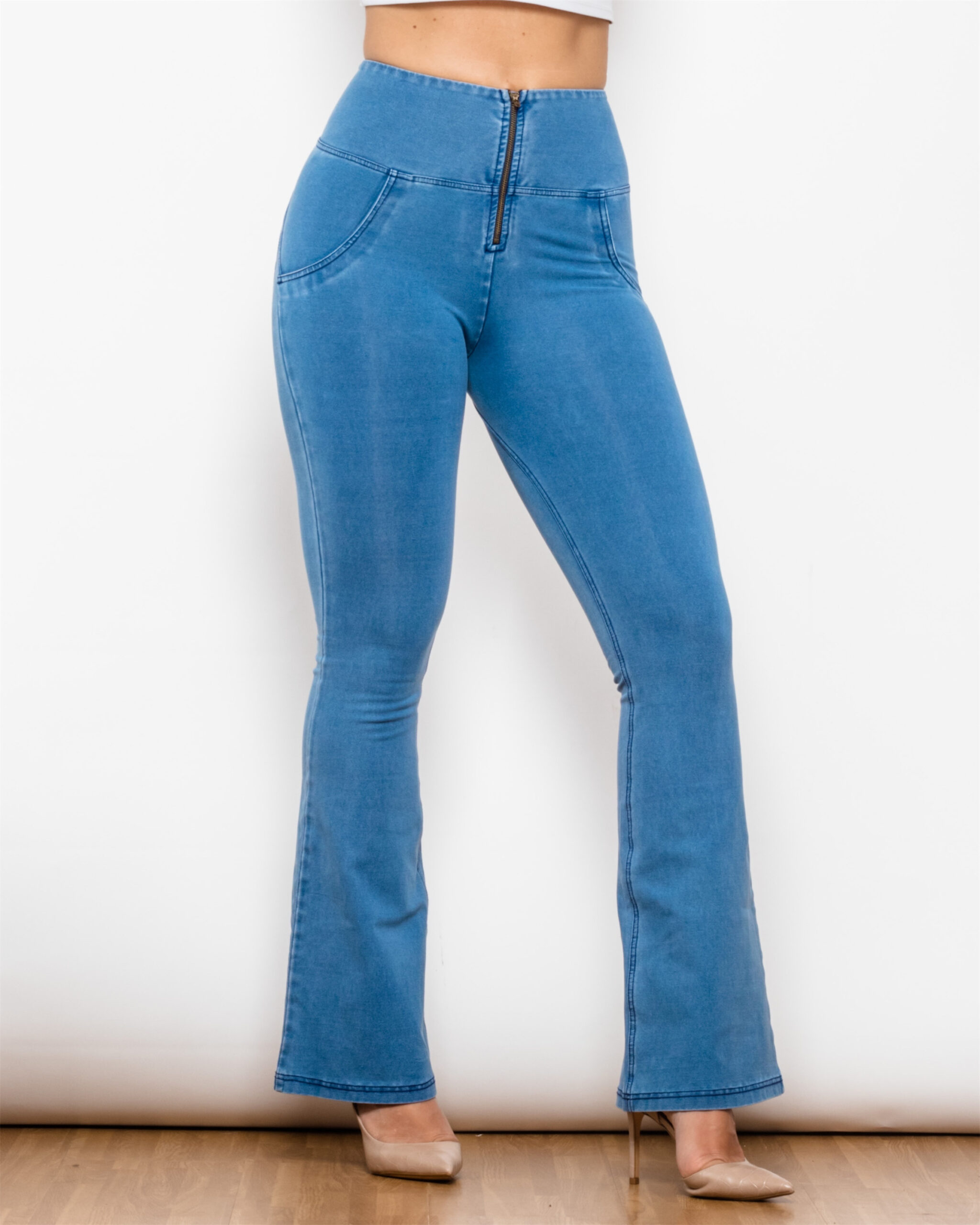 High-Rise Dark Thread Light Blue Flare Jeans - Shaping Jeans Co.
